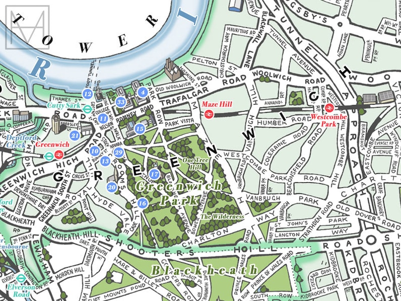 Greenwich london Borough Illustrated Map Giclee Print - Etsy