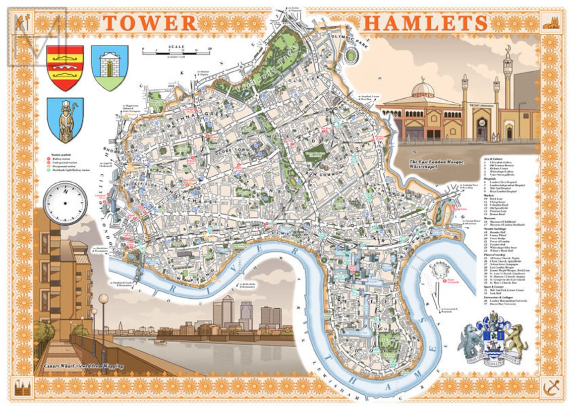 Tower Hamlets london Borough Illustrated Map Giclee Print - Etsy