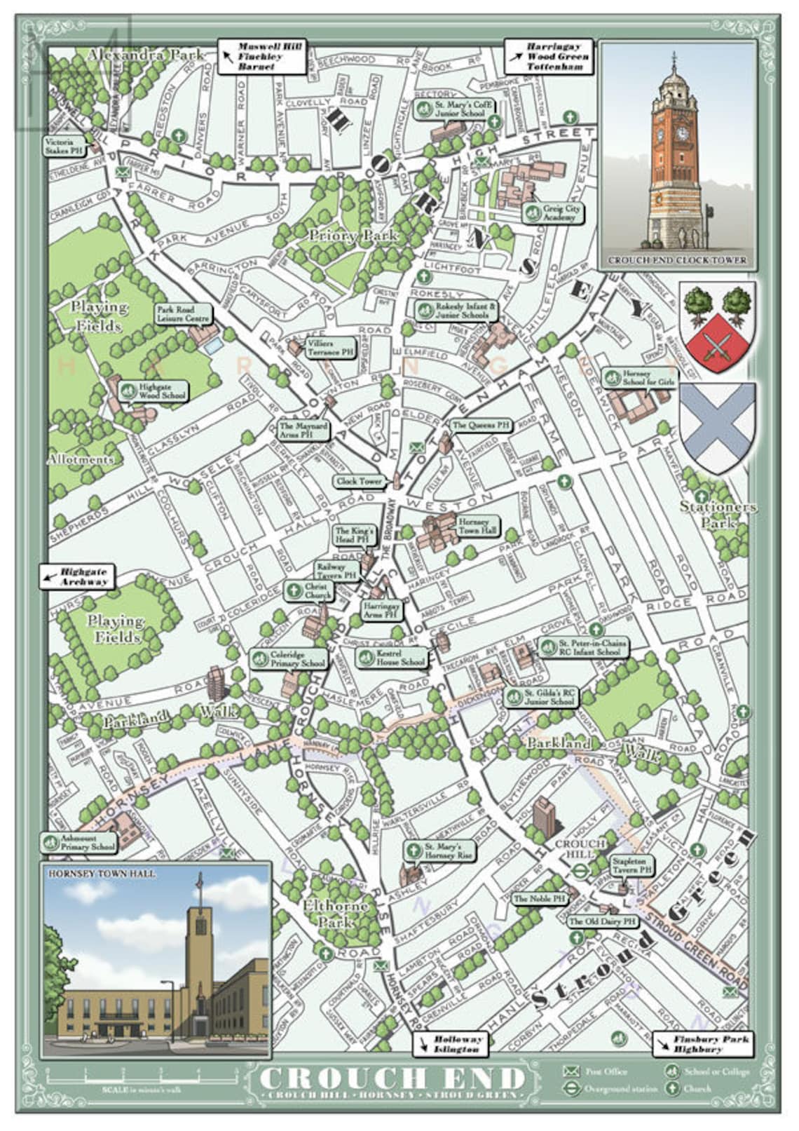 Crouch End london N8 Illustrated Map Giclee Print - Etsy UK