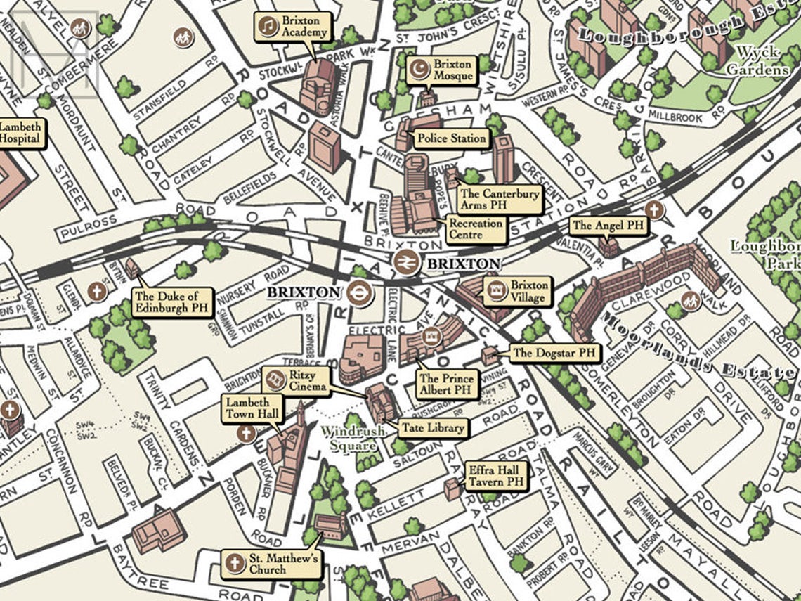 Brixton London SW2/SW8 illustrated map giclee print | Etsy