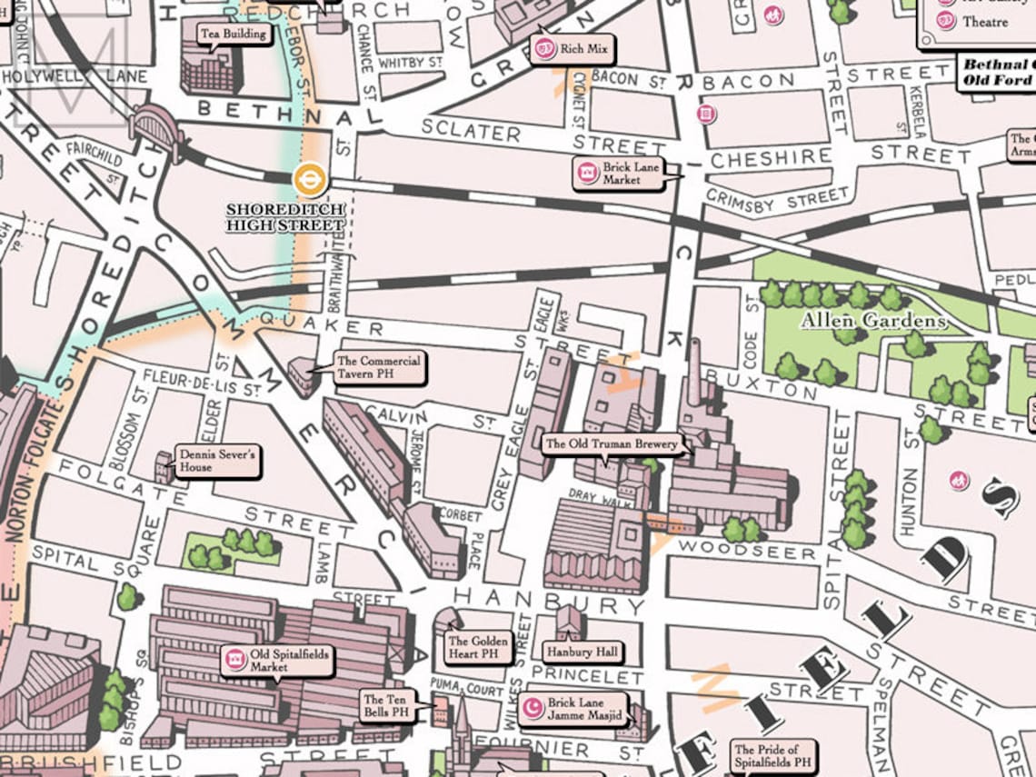 Shoreditch & Spitalfields london E1/EC3 Illustrated Map - Etsy