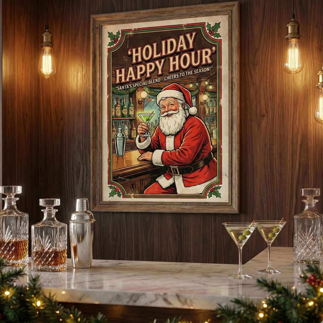 Maximalist Santa Print, Kitsch Bar Cart Art, Funny Alcohol Poster ...