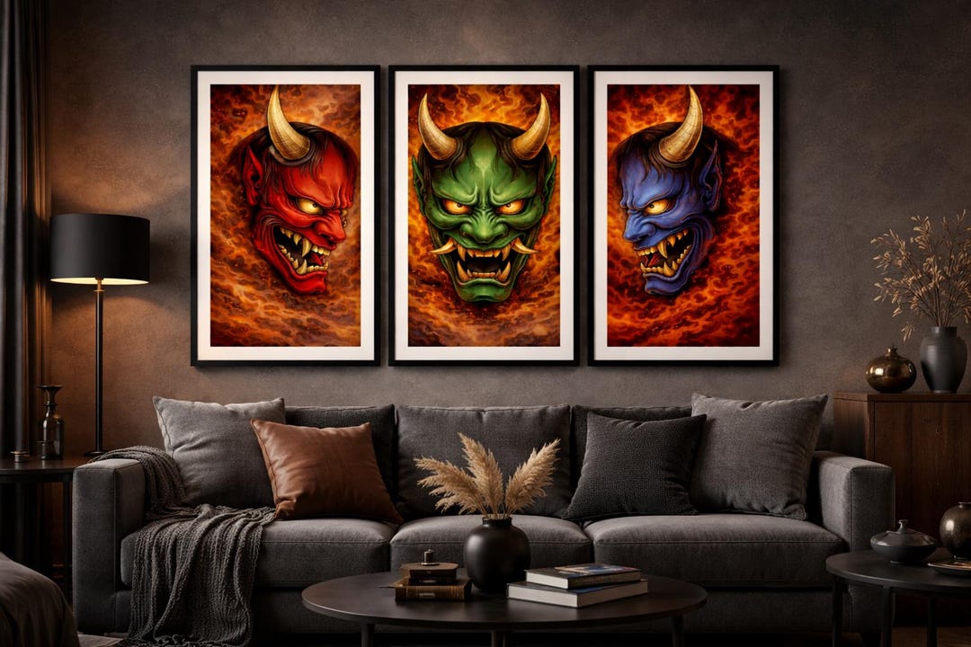 Japanese Hannya Mask Triptych | Samurai Tattoo Art (printable Set) - Etsy