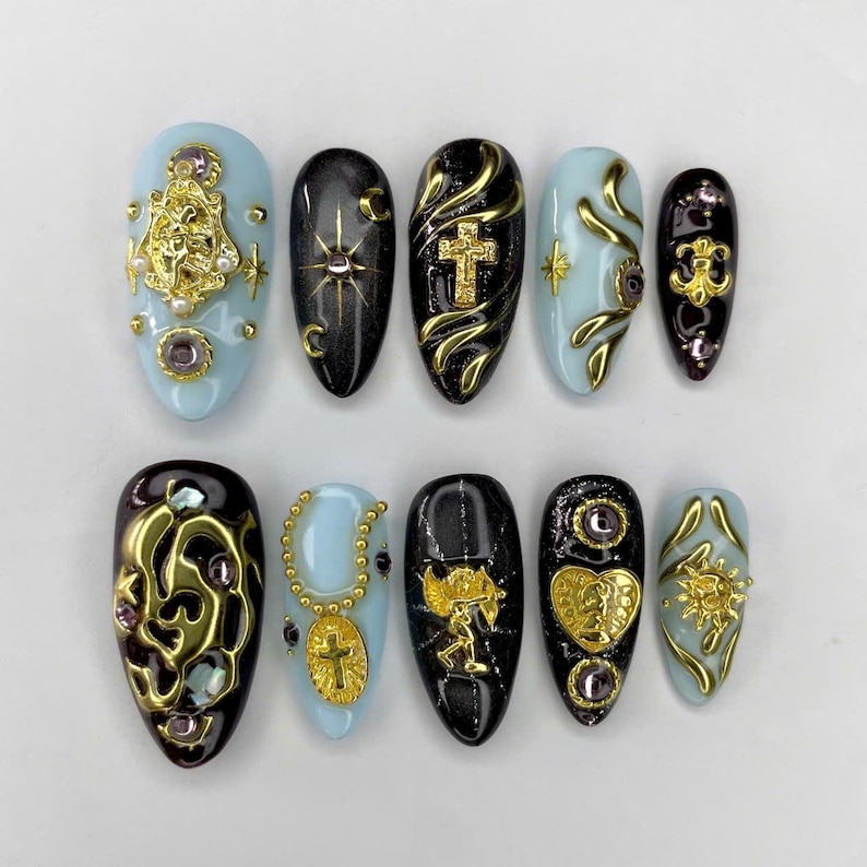 Medium Almond Press on Nails Gothic Y2K Black Blue Nails, Bold Dark ...