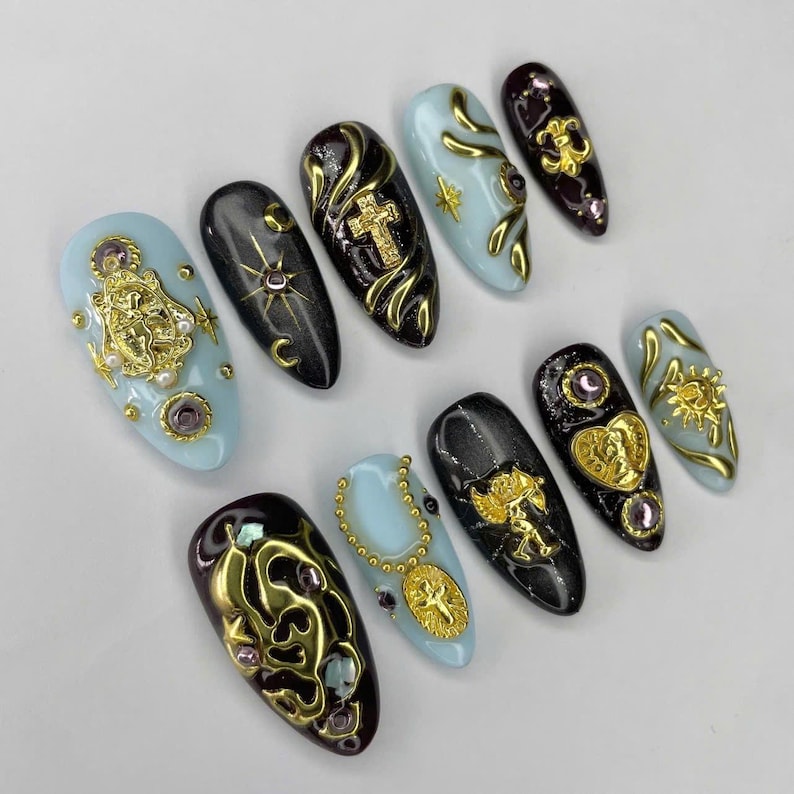 Medium Almond Press on Nails Gothic Y2K Black Blue Nails, Bold Dark ...