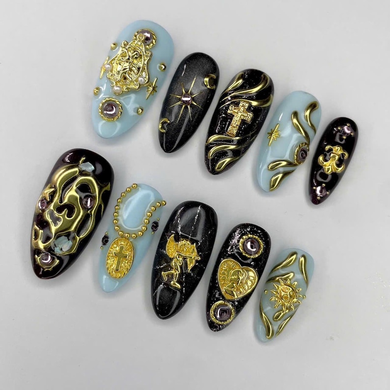 Medium Almond Press on Nails Gothic Y2K Black Blue Nails, Bold Dark ...