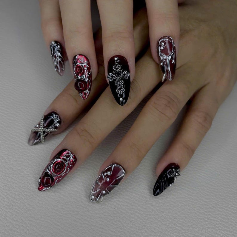 Medium Almond Press on Nailsy2k Red & Black Ombre Nails, 3D Gel Art ...