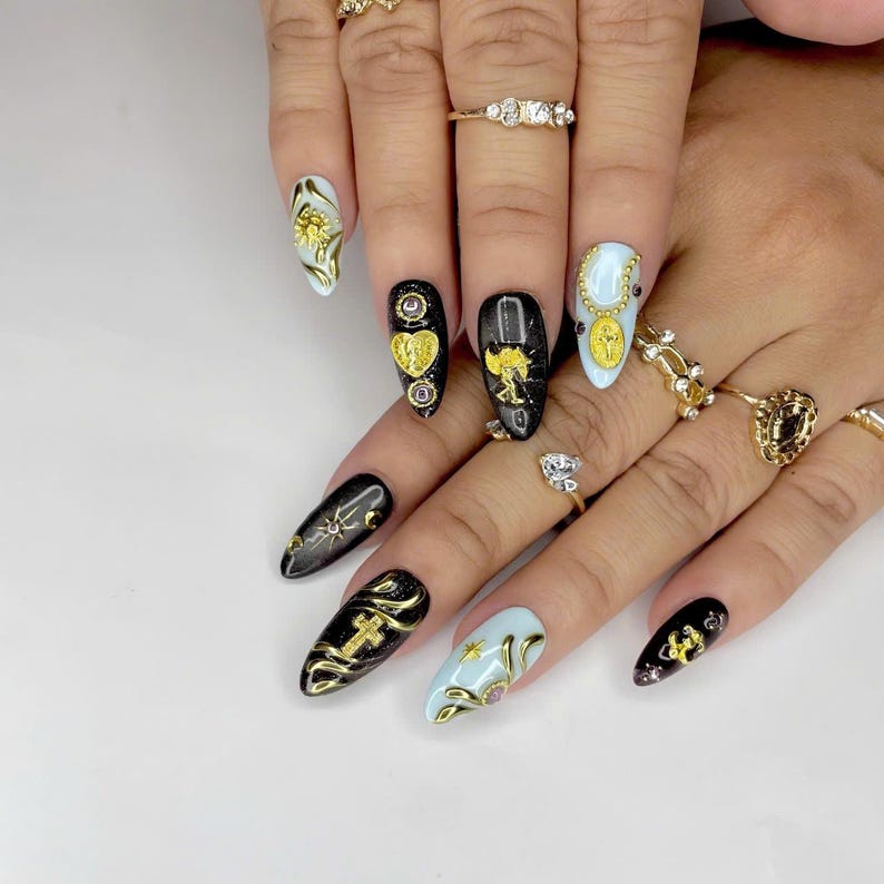 Medium Almond Press on Nails Gothic Y2K Black Blue Nails, Bold Dark ...