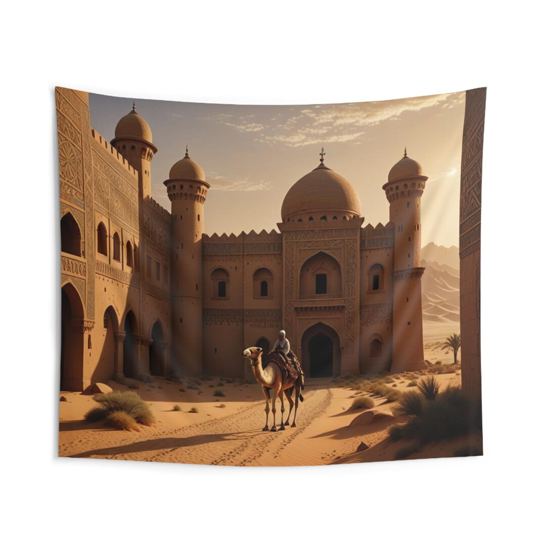 Desert Dusk Wall Tapestry– Camel Caravan, Ancient Fortress, Warm Golden ...