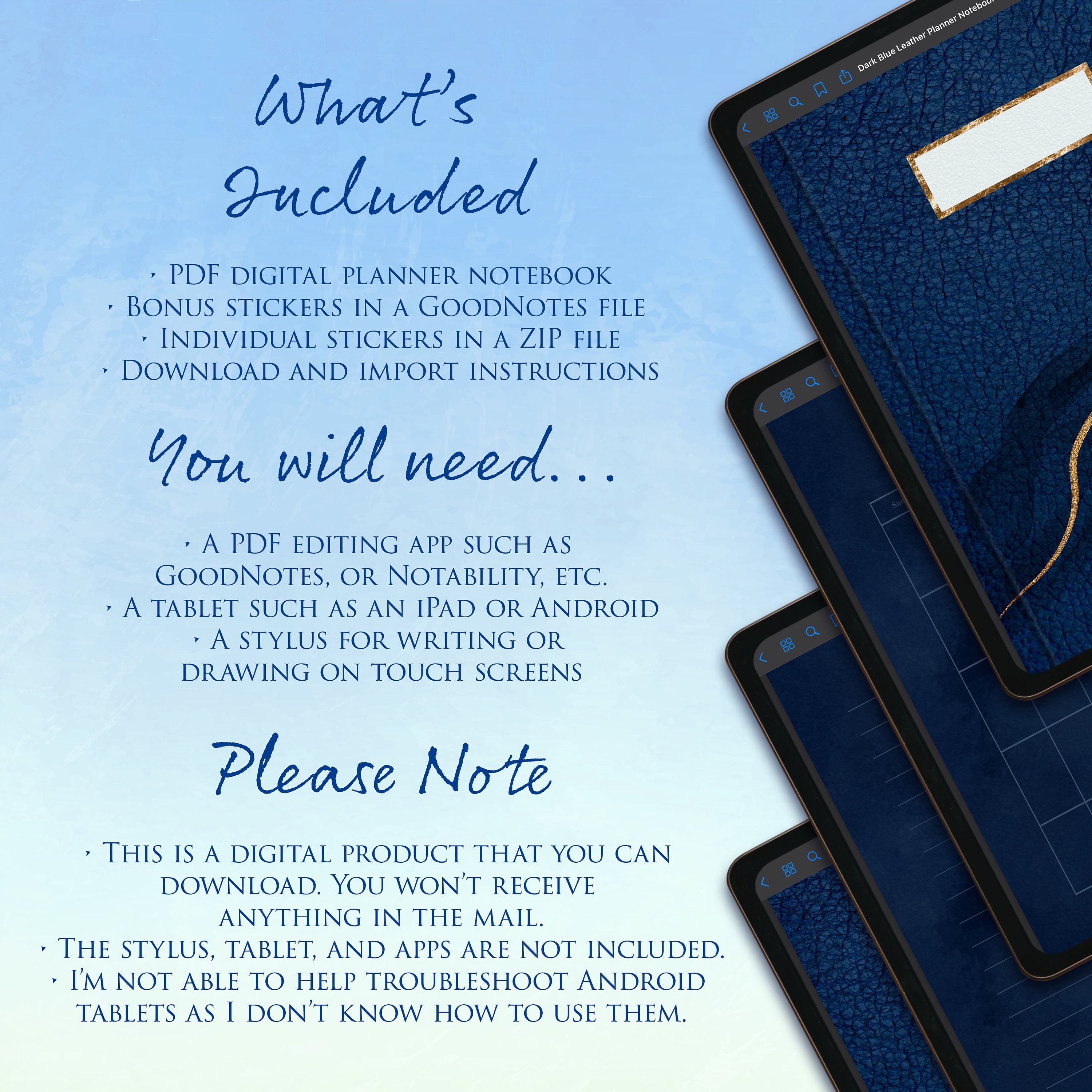 Dark Blue Goodnotes Digital Planner Blank Notebook + Bonus Metallic ...