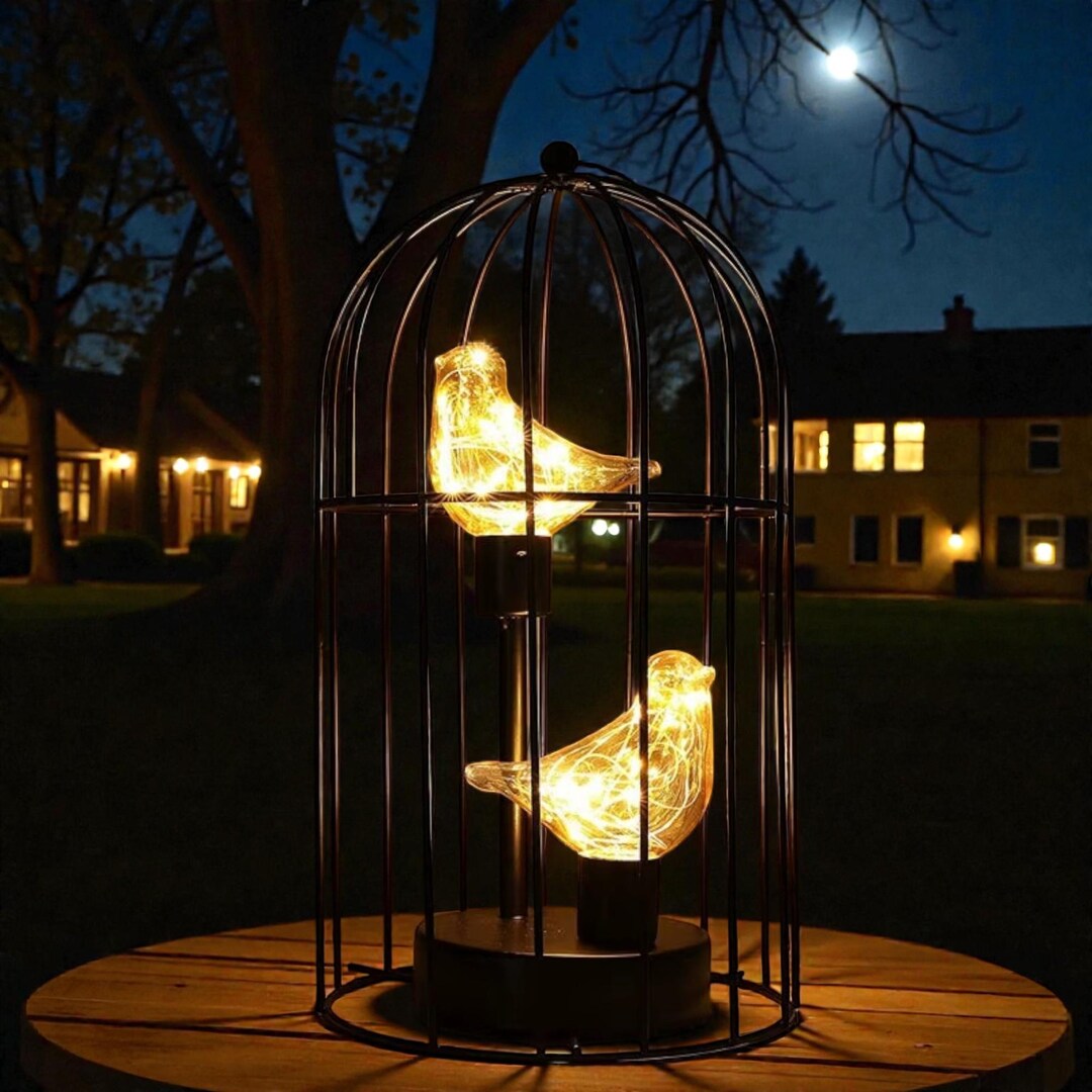 Bird Cage Table Lamp With Glowing Bird Lights Metal Vintage Style ...