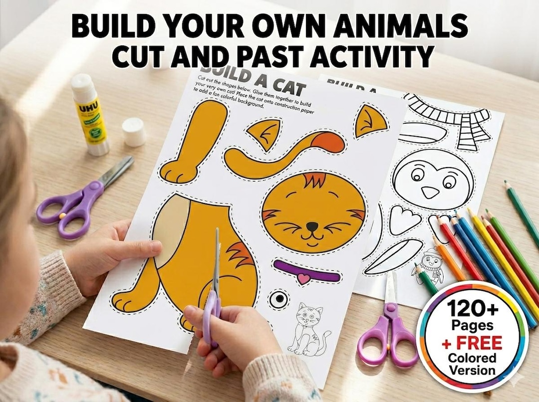 Build a Cat Printable, Kids Cut and Paste Activity, Animal Craft ...