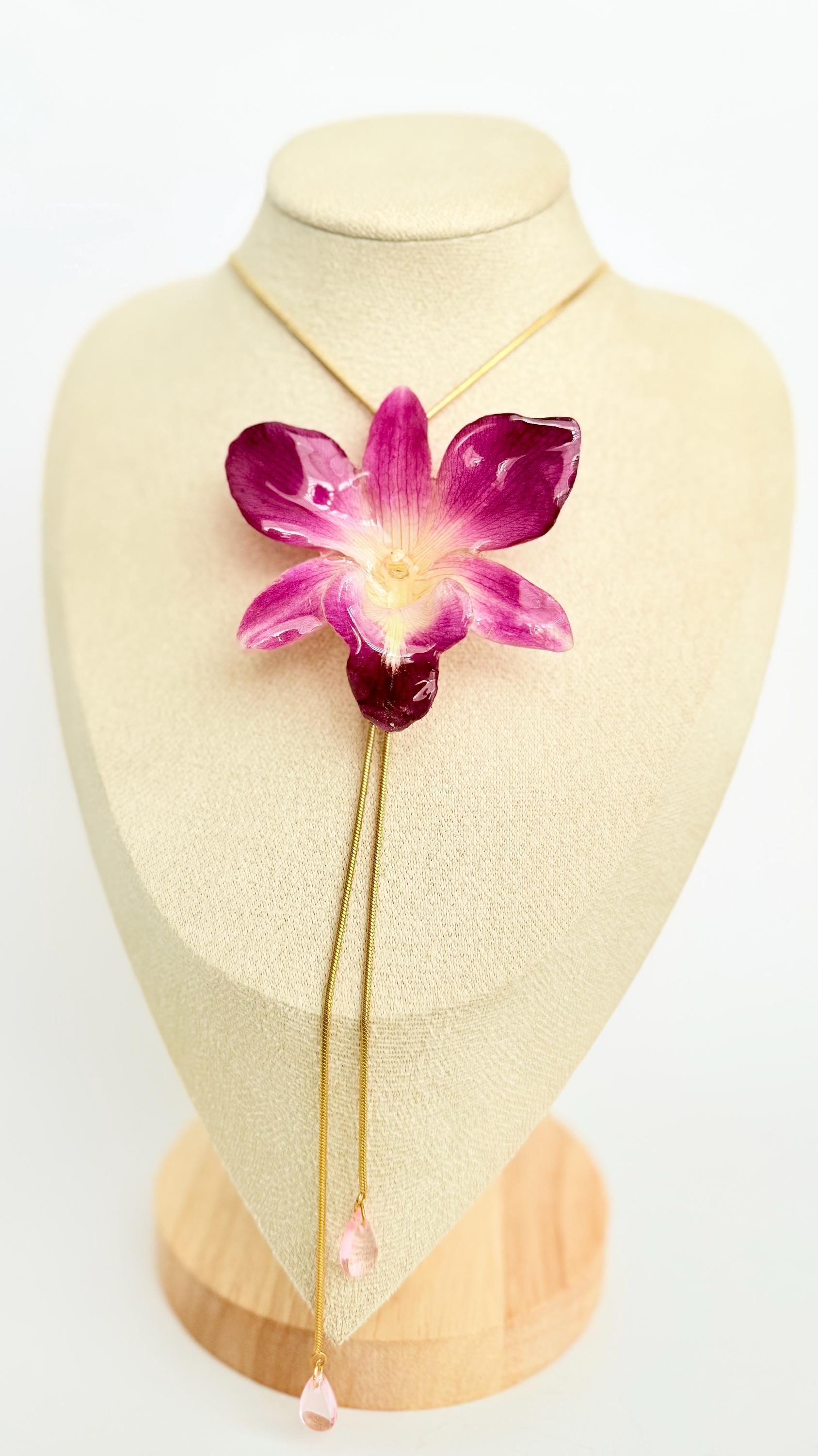 Real Orchid Flower Adjustable Necklace, Purple Dendrobium, Stainless ...