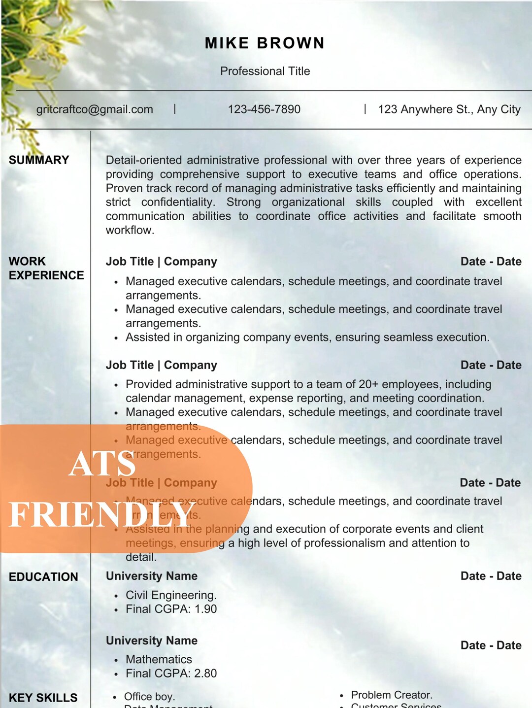 ATS Friendly Resume Template, Word and PDF, Professional Resume, Cover ...