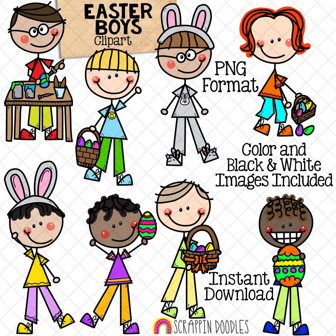Easter Boys Clipart - Doodle Boy Easter Clip Art - Egg Hunt - Painting ...