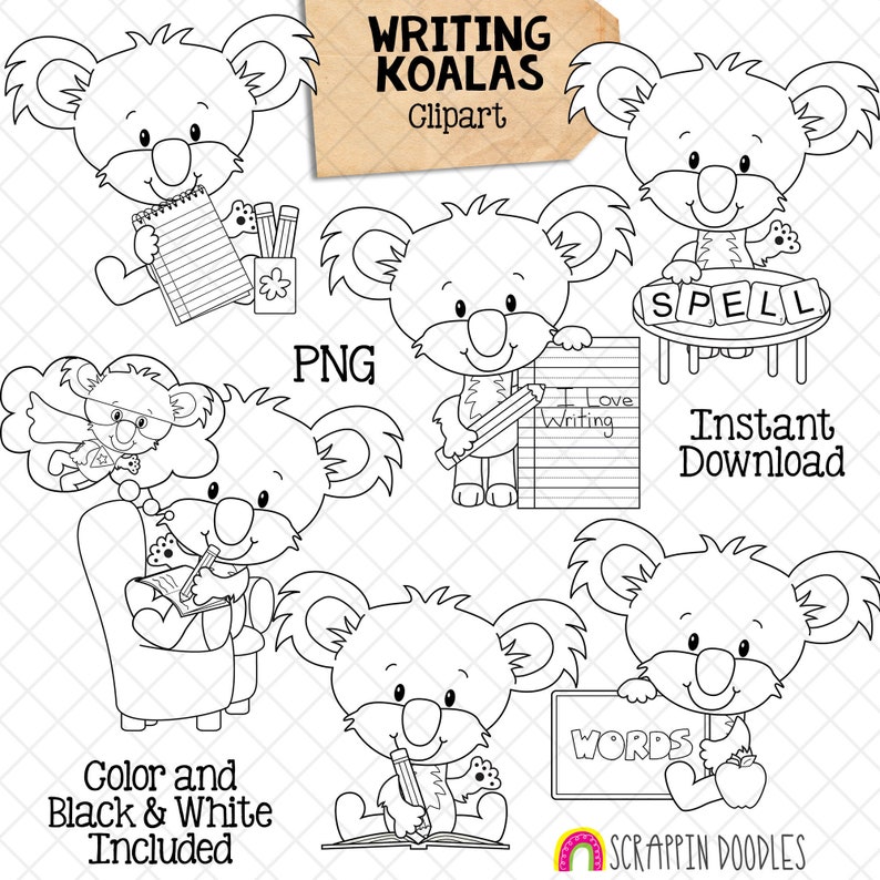 Koala Clipart School Writing Koala Bears Graphics Commercial Use PNG - Etsy