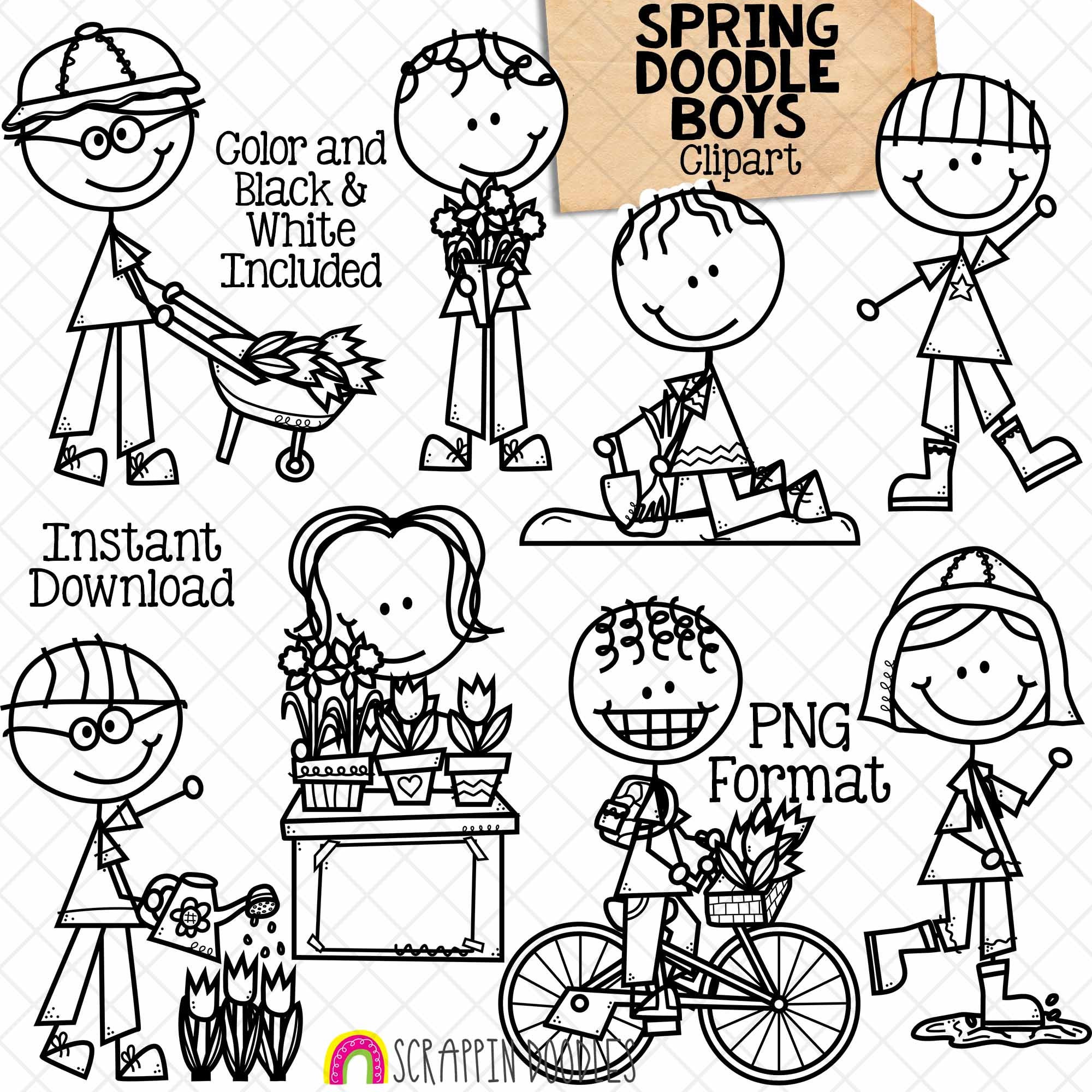 Spring Boys Clip Art Doodle Kids Stick Figure Graphics Gardening Tulips ...