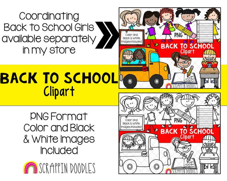 Back to School Clipart Doodle Boys School School Bus - Etsy