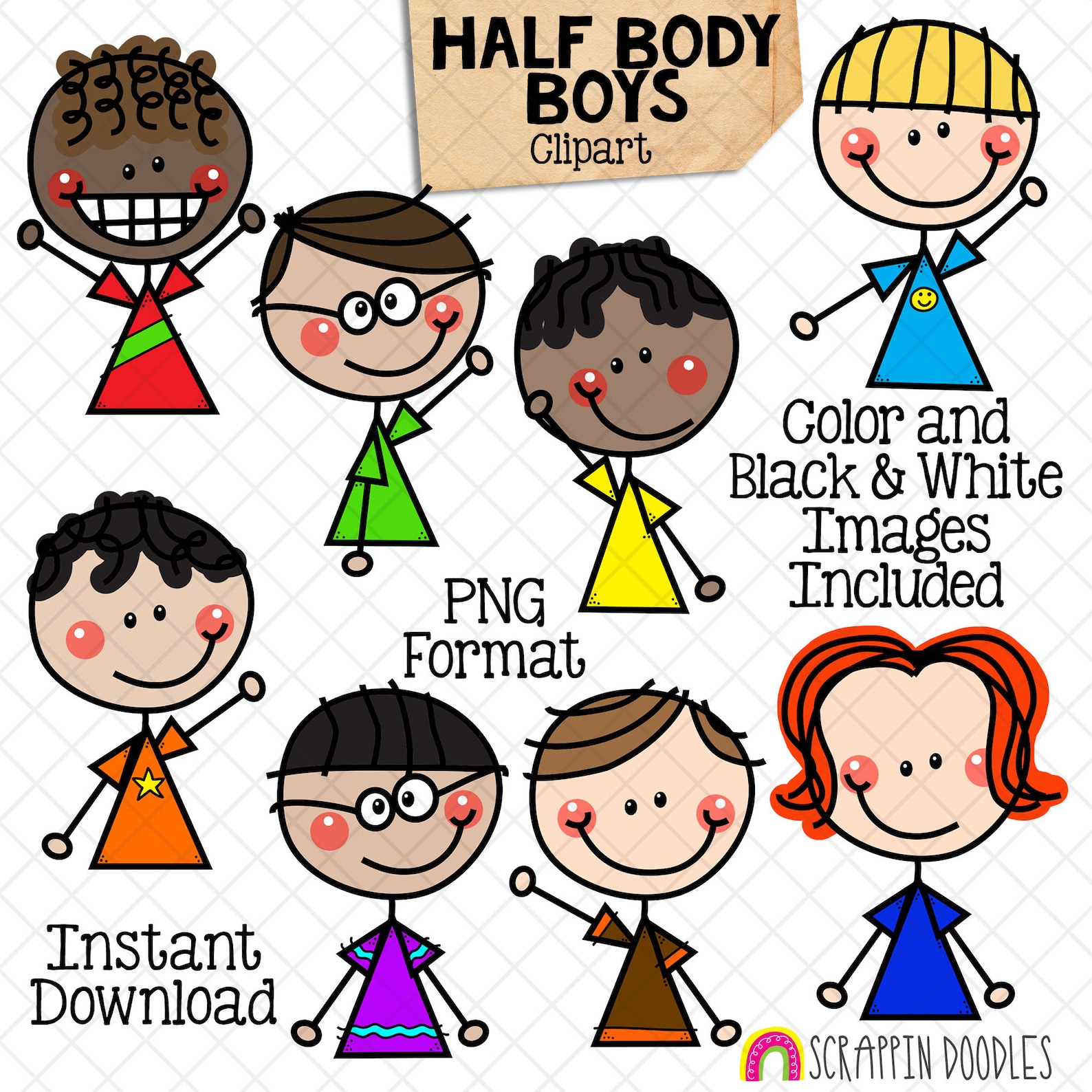 Half Body Clipart - Boys Clipart - Upper Body Boy Clipart - Hand Drawn ...