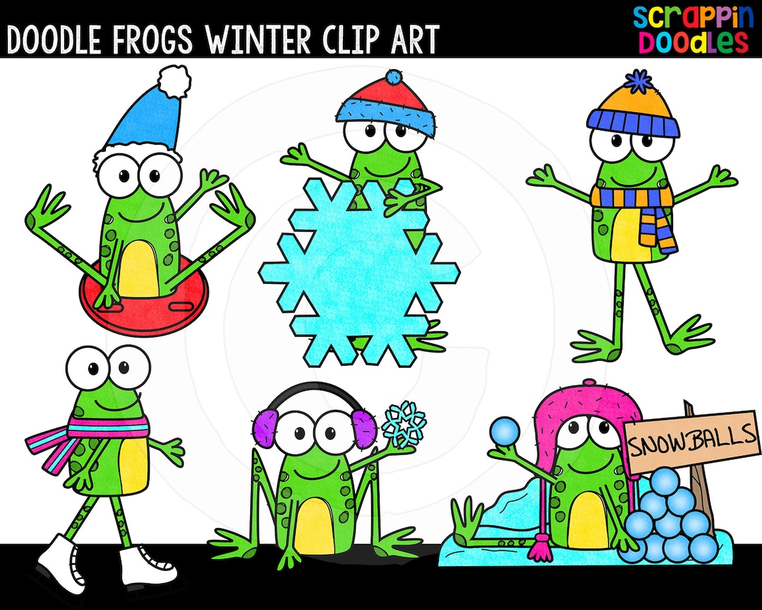 Doodle Frogs Winter Clip Art - Cute Commercial Use Winter Themed Frog ...
