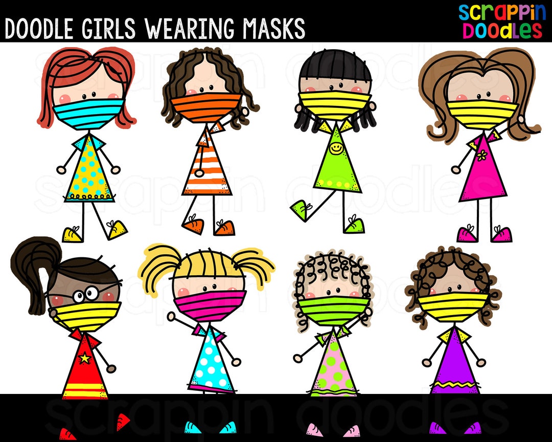 Doodle Girls Wearing Masks Clip Art Cute Commercial Use Kids Clipart ...