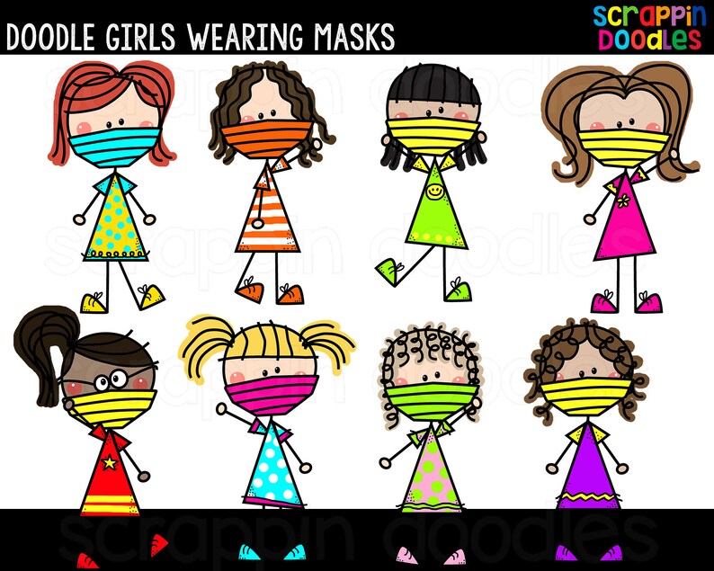 Doodle Girls Wearing Masks Clip Art Cute Commercial Use Kids Clipart ...
