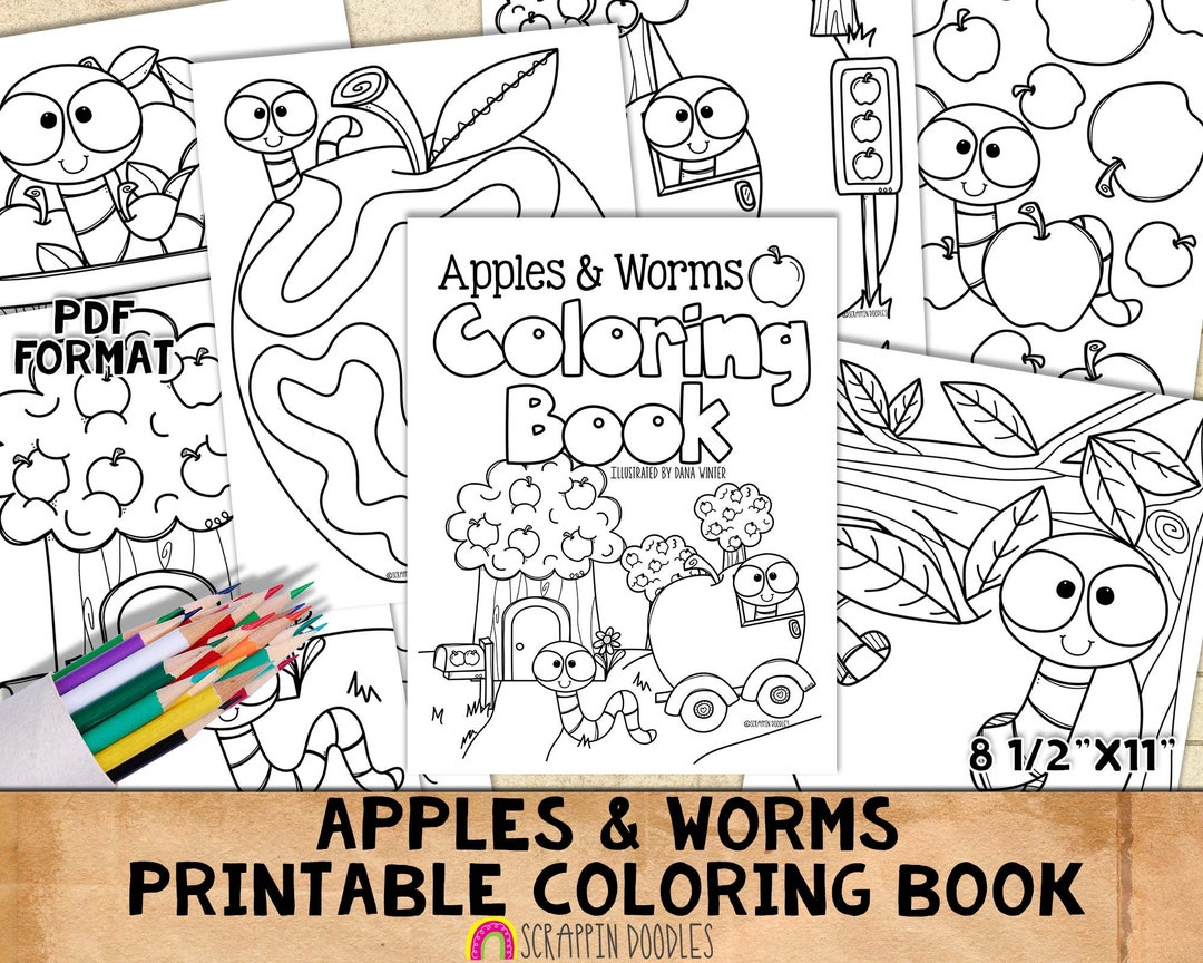 Apples and Worms Coloring Book - Kids Coloring Pages - Printable PDF - Etsy