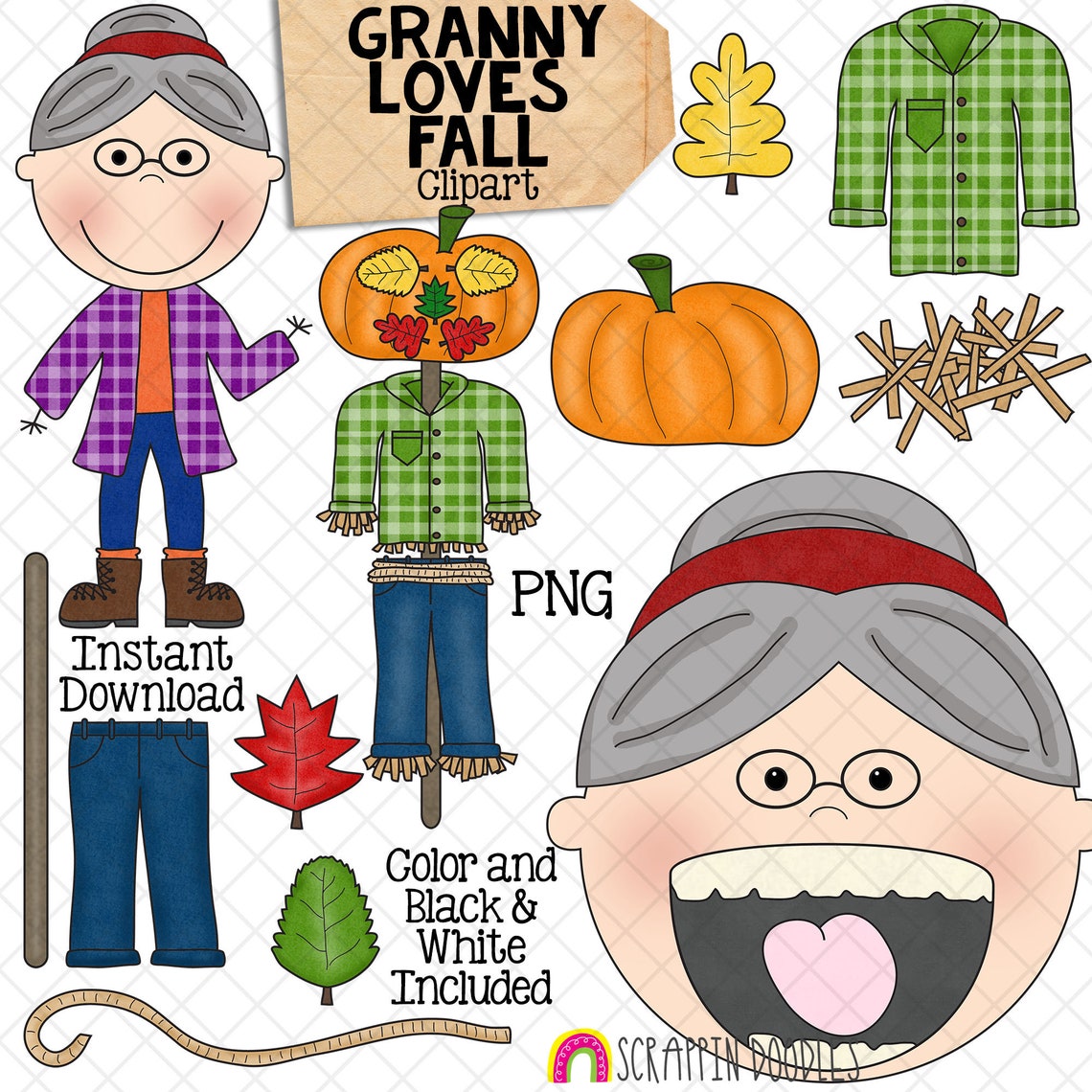 Old Lady Swallowed Some Leaves Clip Art Granny Loves Fall Graphics ...