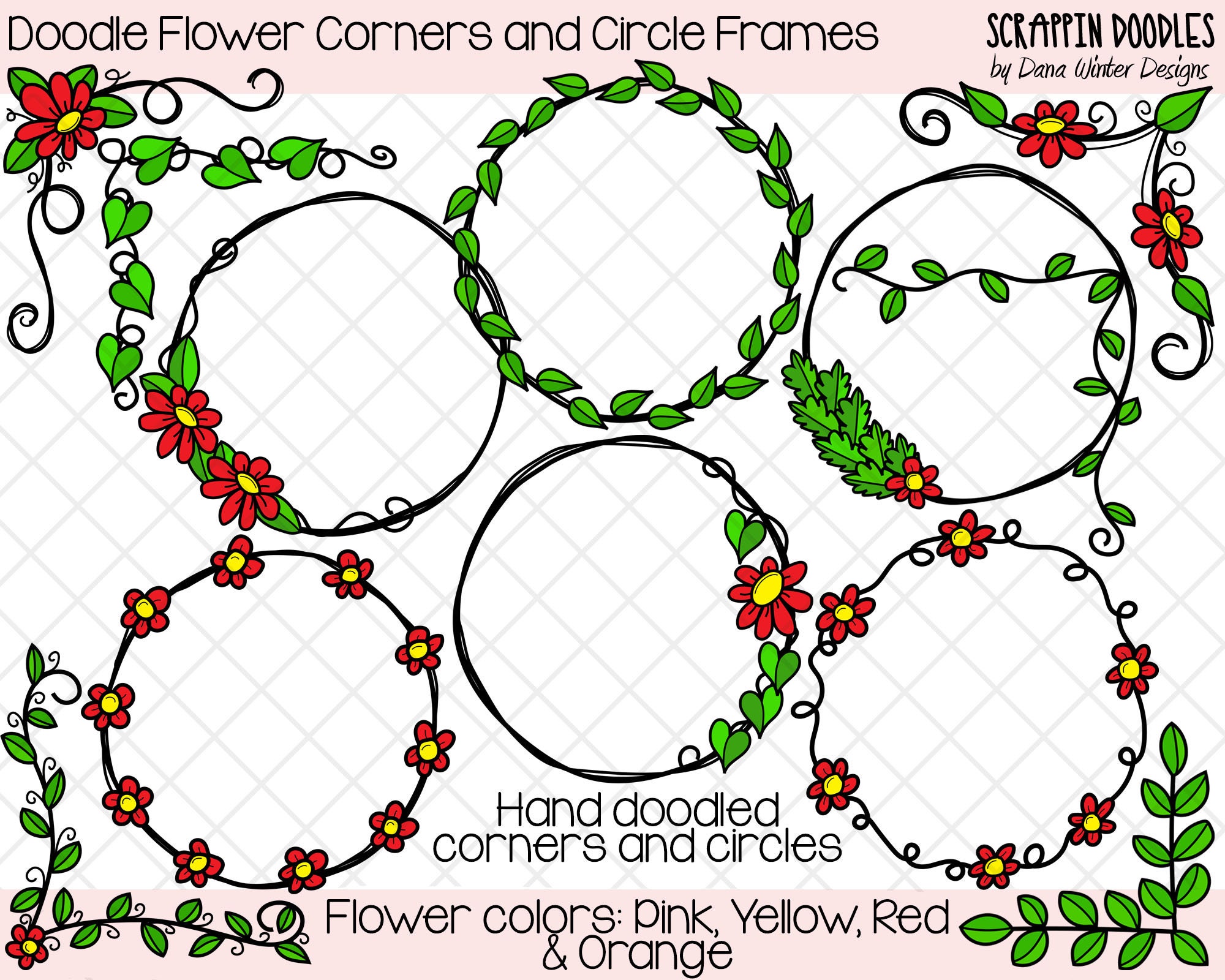 Doodle Flowers Clipart Hand Drawn Corners and Circle Doodles Nature ...