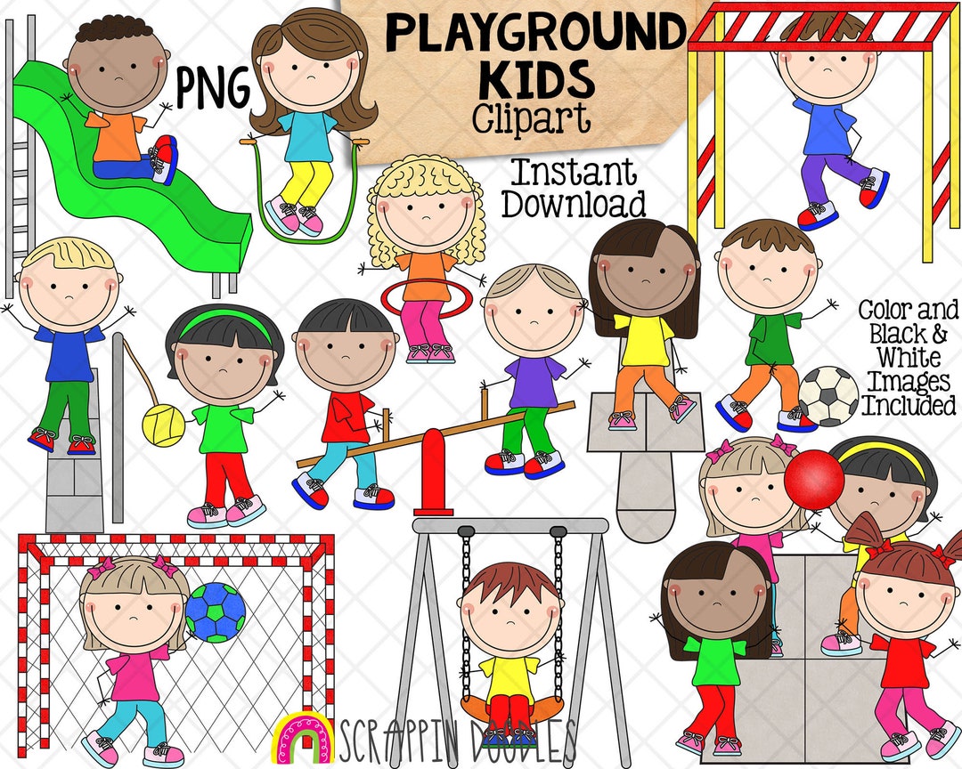 Playground Clip Art - Kids Playing - Hop Scotch - Tether Ball - Hand ...