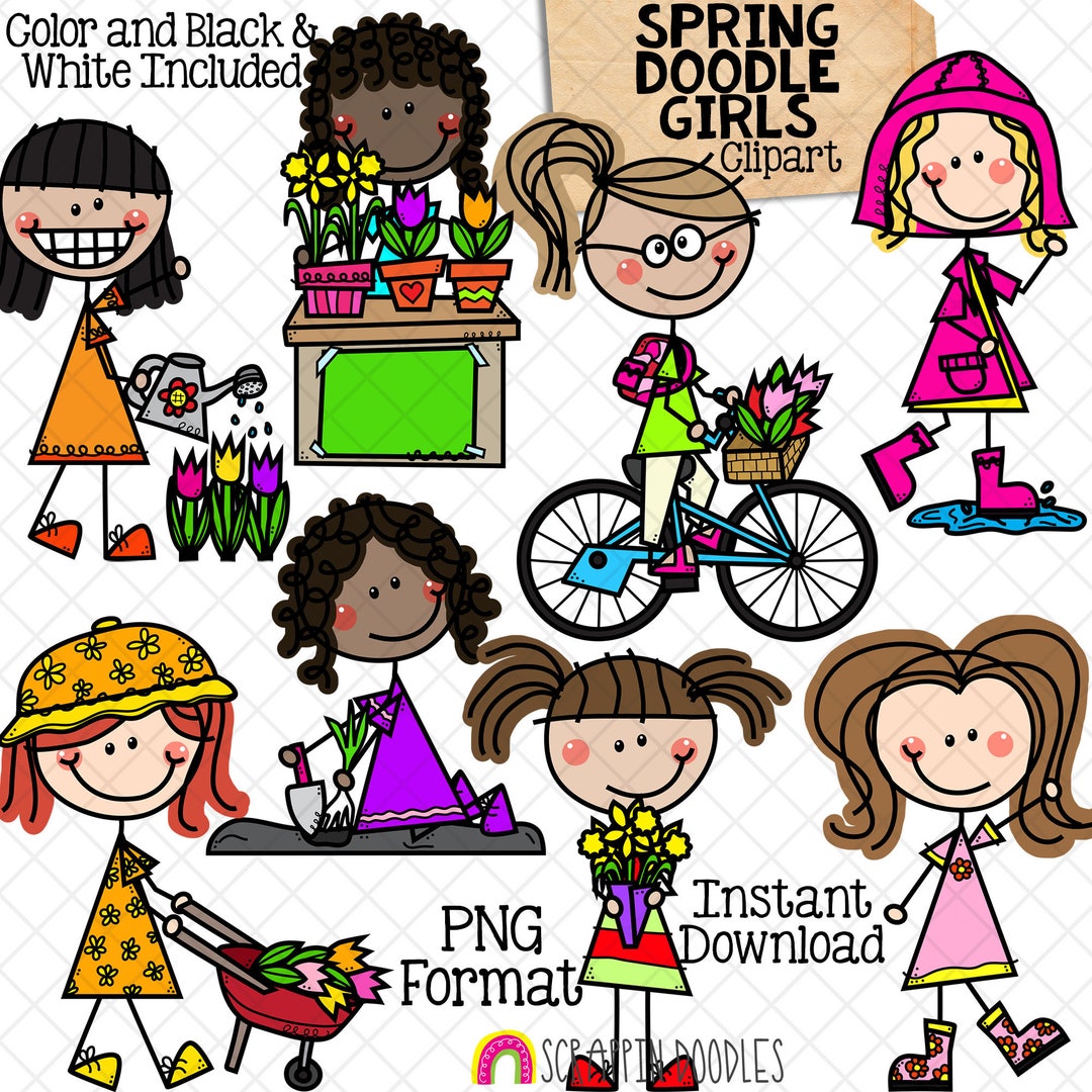 Spring Girls Clip Art - Doodle Kids Stick Figure Graphics - Gardening ...