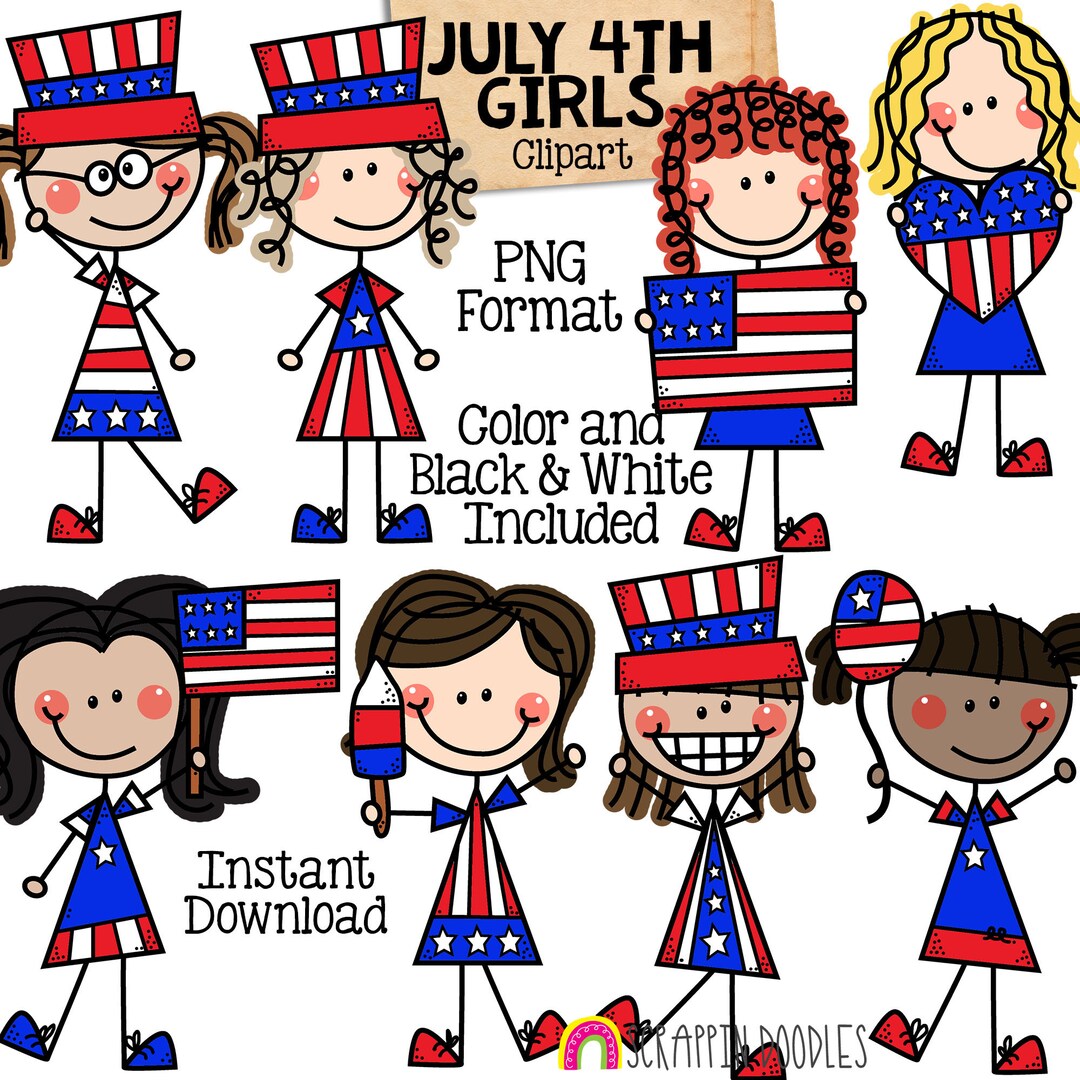 July 4th Clipart - Independence Day Doodle Girls - USA Graphics - Forth ...