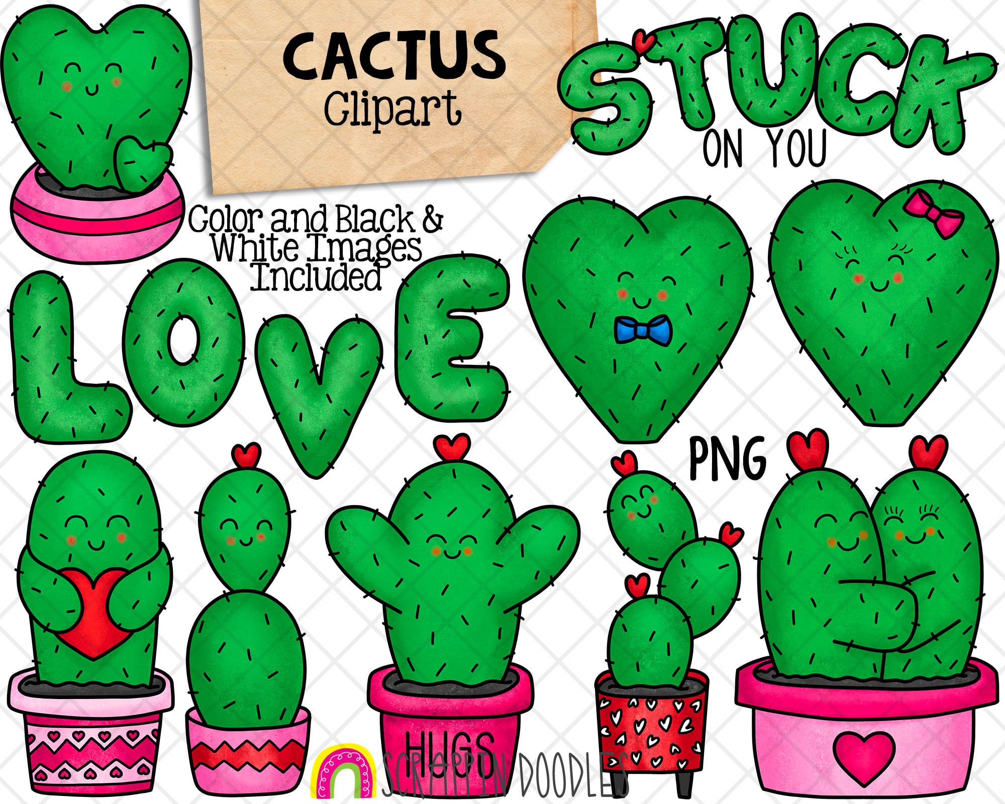 Cactus Clipart Valentine Cacti Graphics Pink Heart Cactus in Pots Stuck ...