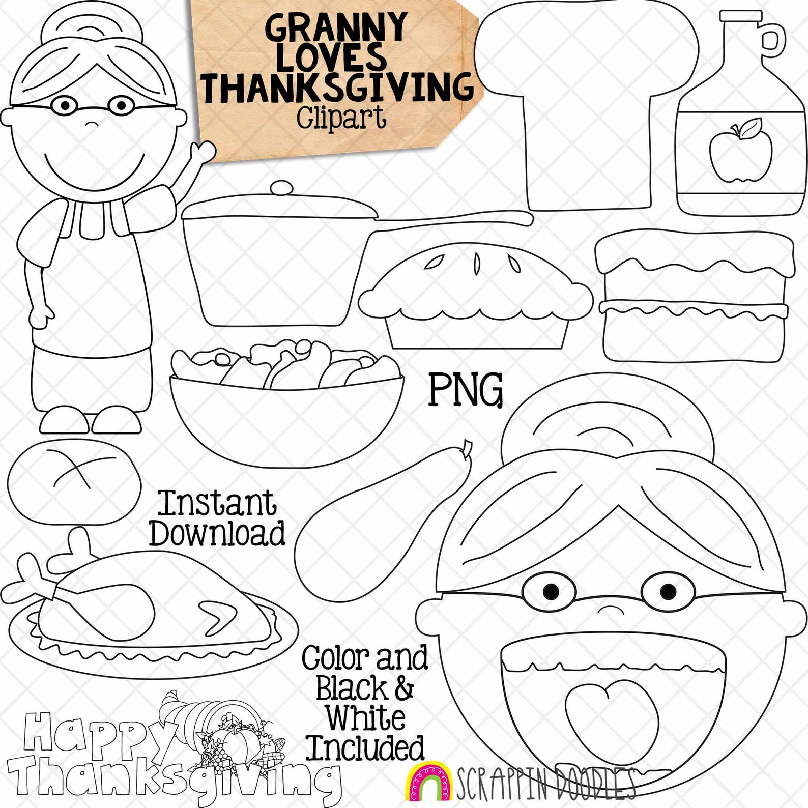 Old Lady Swallowed A Pie Clip Art Granny Loves Thanksgiving Graphics ...
