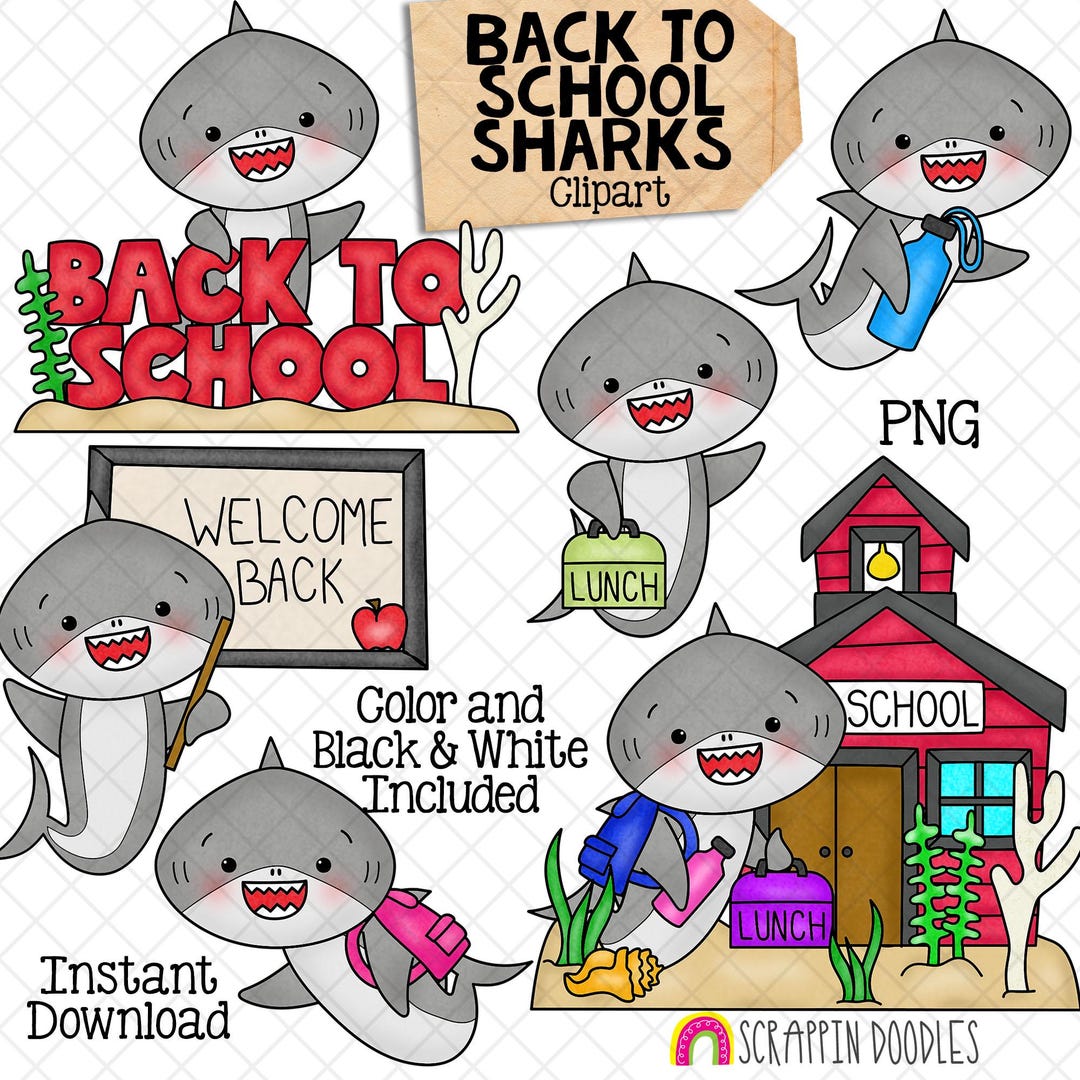 Back to School Sharks Clip Art - Grey Shark Clipart - Backpack - Water ...