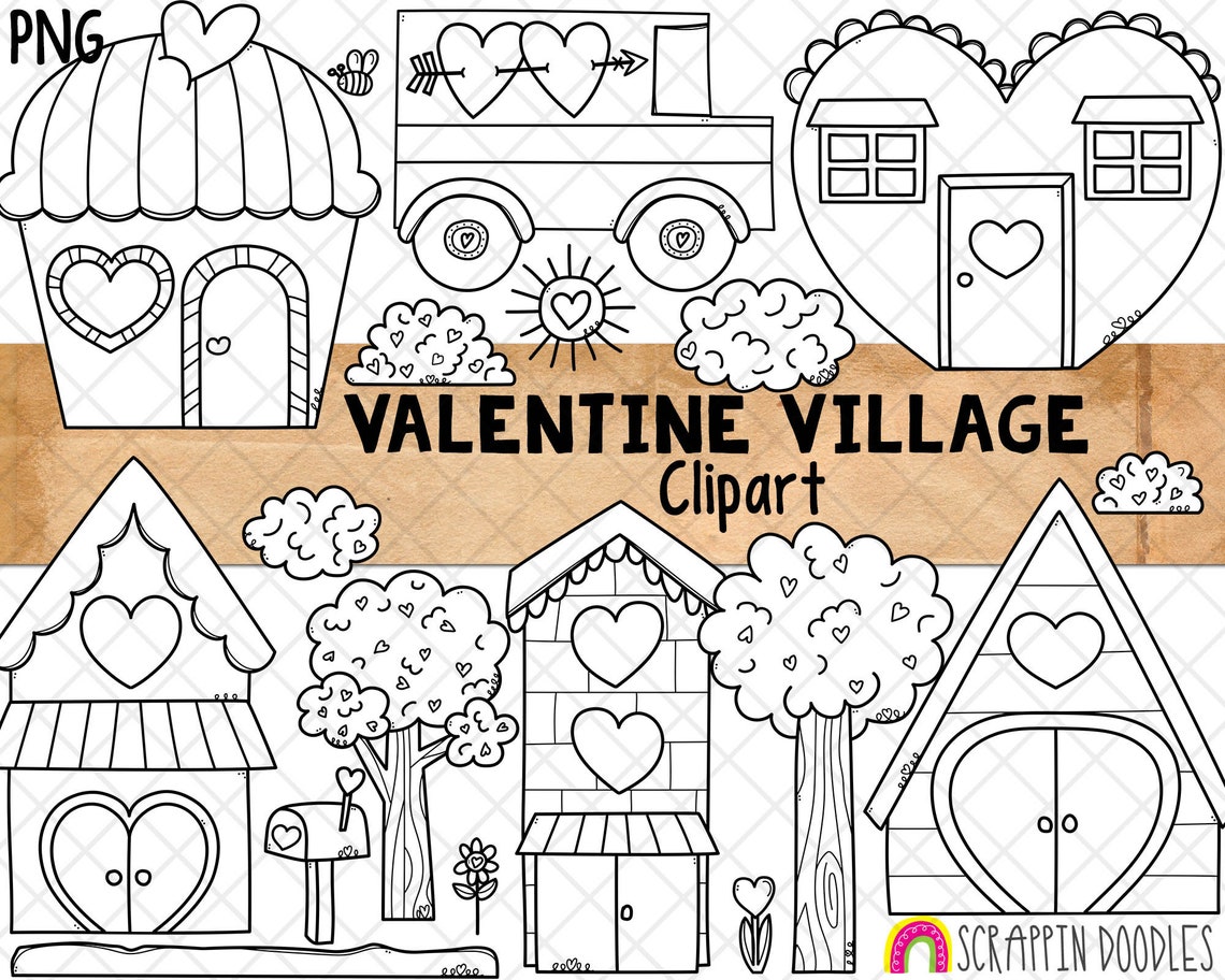 Valentine's Day Village Clip Art Valentine Town Houses Heart Trees ...