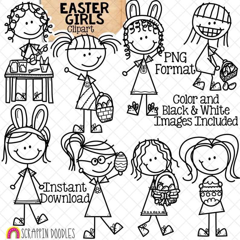 Easter Girls Clipart - Doodle Girls Easter Clip Art - Egg Hunt ...