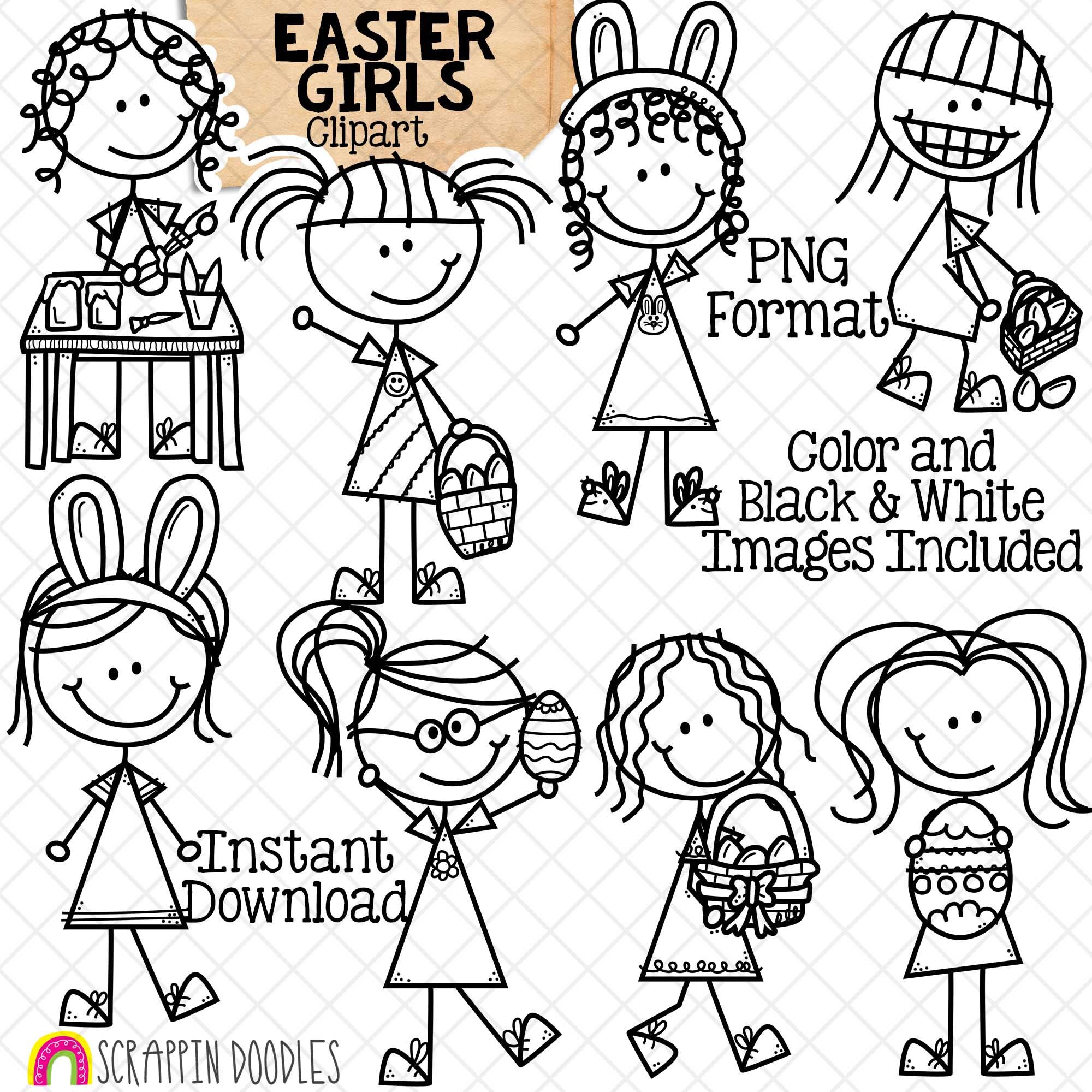 Easter Girls Clipart - Doodle Girls Easter Clip Art - Egg Hunt ...