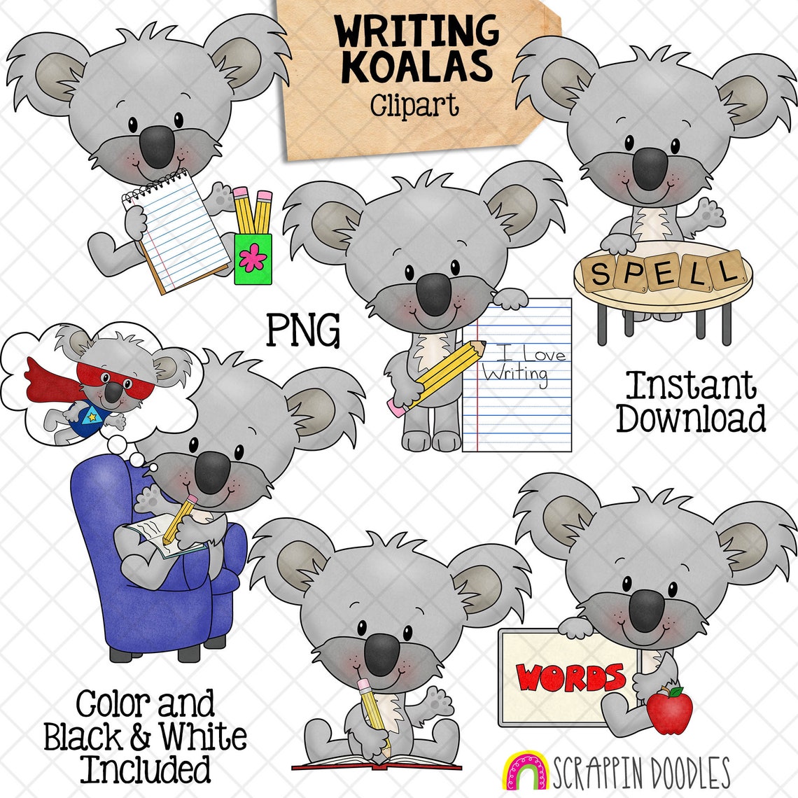 Koala Clipart School Writing Koala Bears Graphics Commercial Use PNG - Etsy