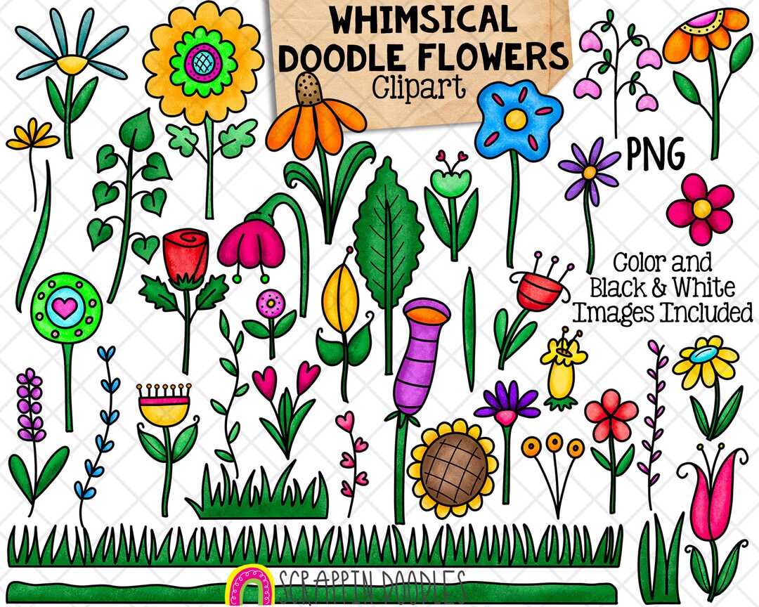 Whimsical Doodle Flowers Clipart - Spring Summer Flower Scene Creator ...