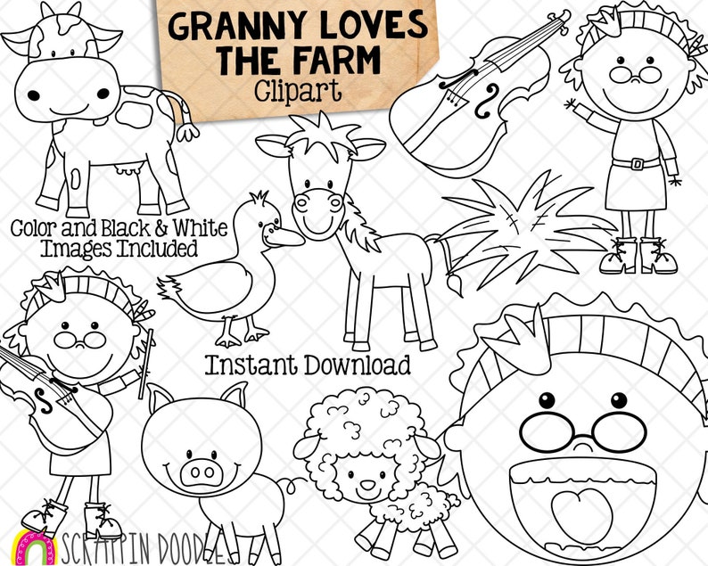 Old Lady Swallowed a Cow Clip Art - Hand Drawn PNG - Granny Loves the ...