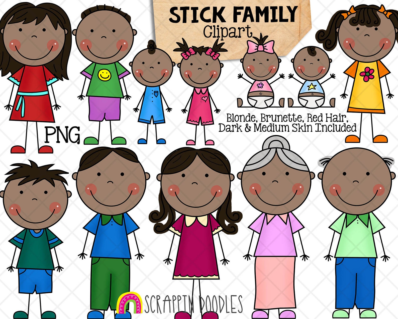 Stick Family Clip Art Various Hair Colors Stick Figures Stick People ...