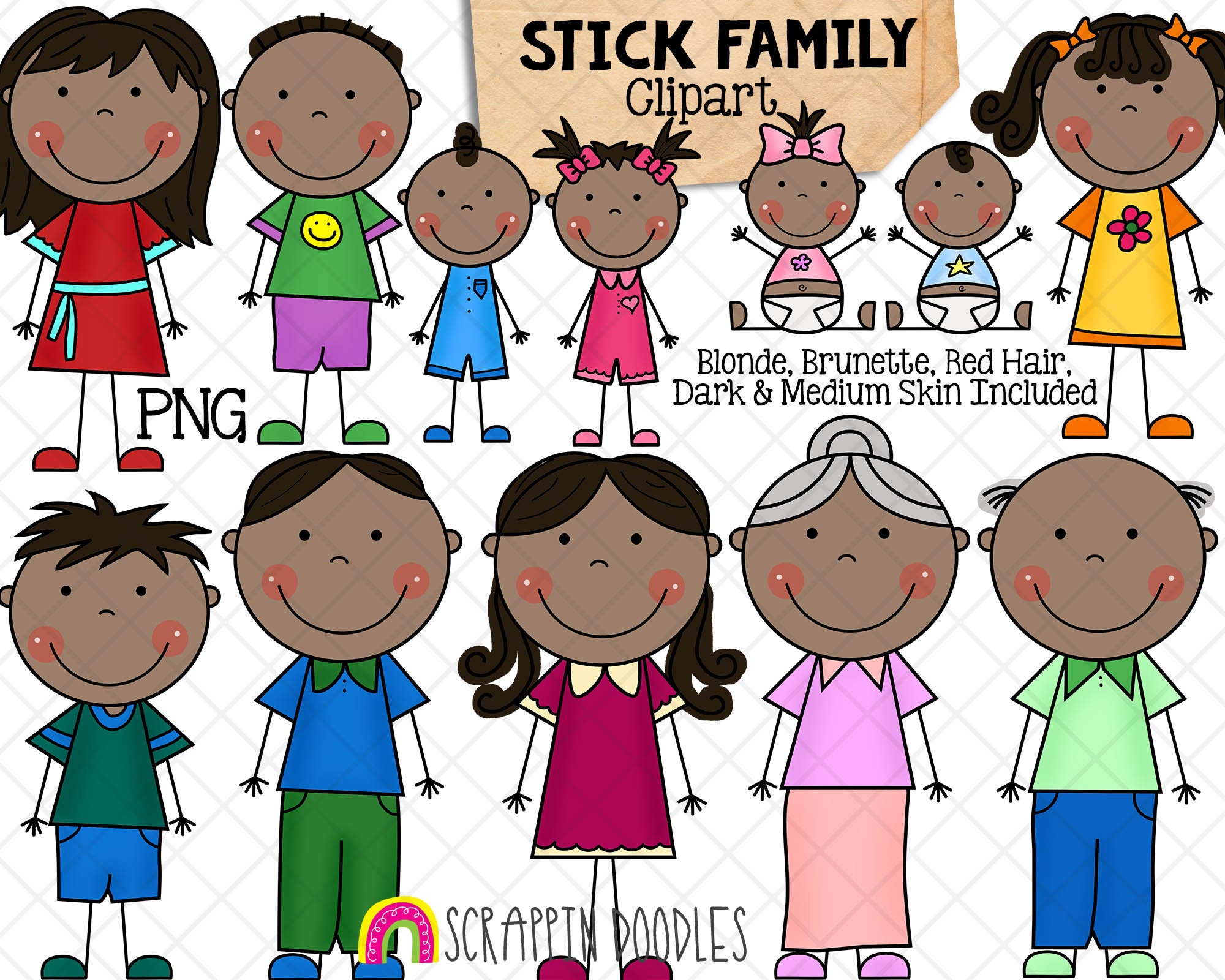 Stick Family Clip Art Various Hair Colors Stick Figures Stick People ...