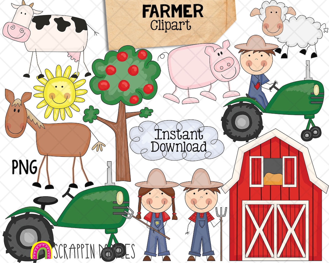 Farmer Clip Art - Barn - Green Tractor - Horse - Cow - Sheep - Pig ...