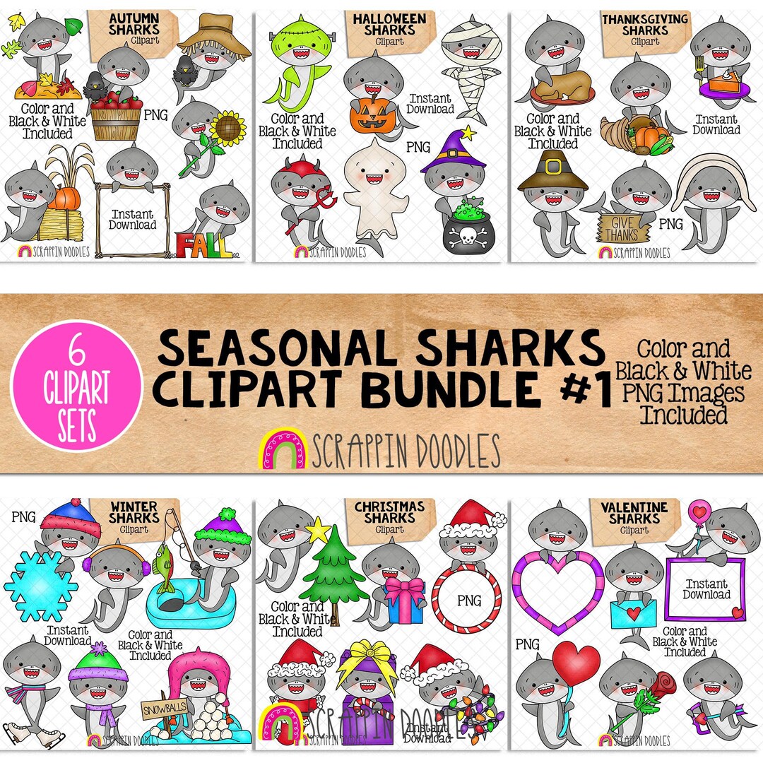 Seasonal Shark Clipart Bundle 1 - Grey Shark Clipart - Holiday Sharks ...