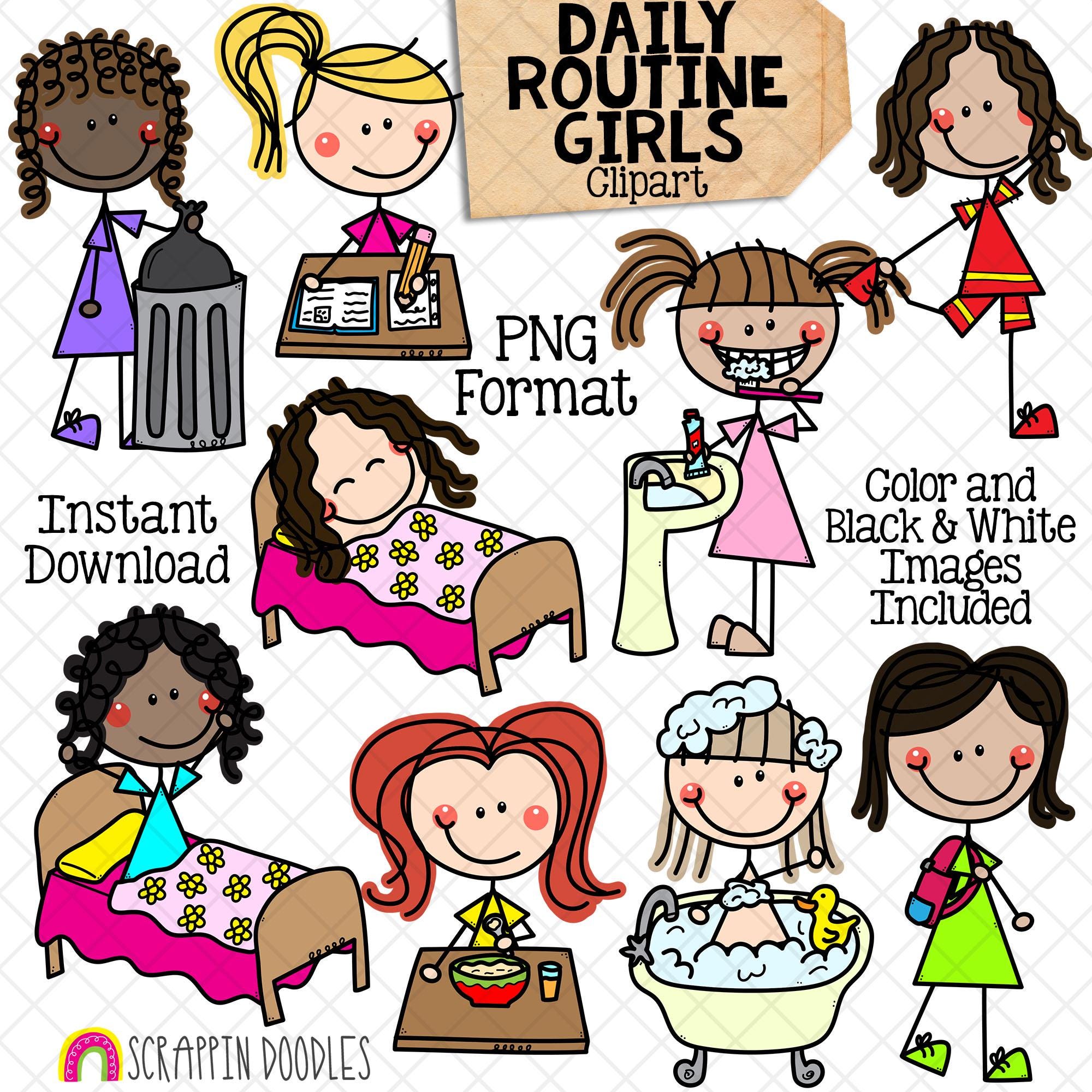 Daily Routine Clipart - Doodle Girls Clip Art - Kids - Chores ...