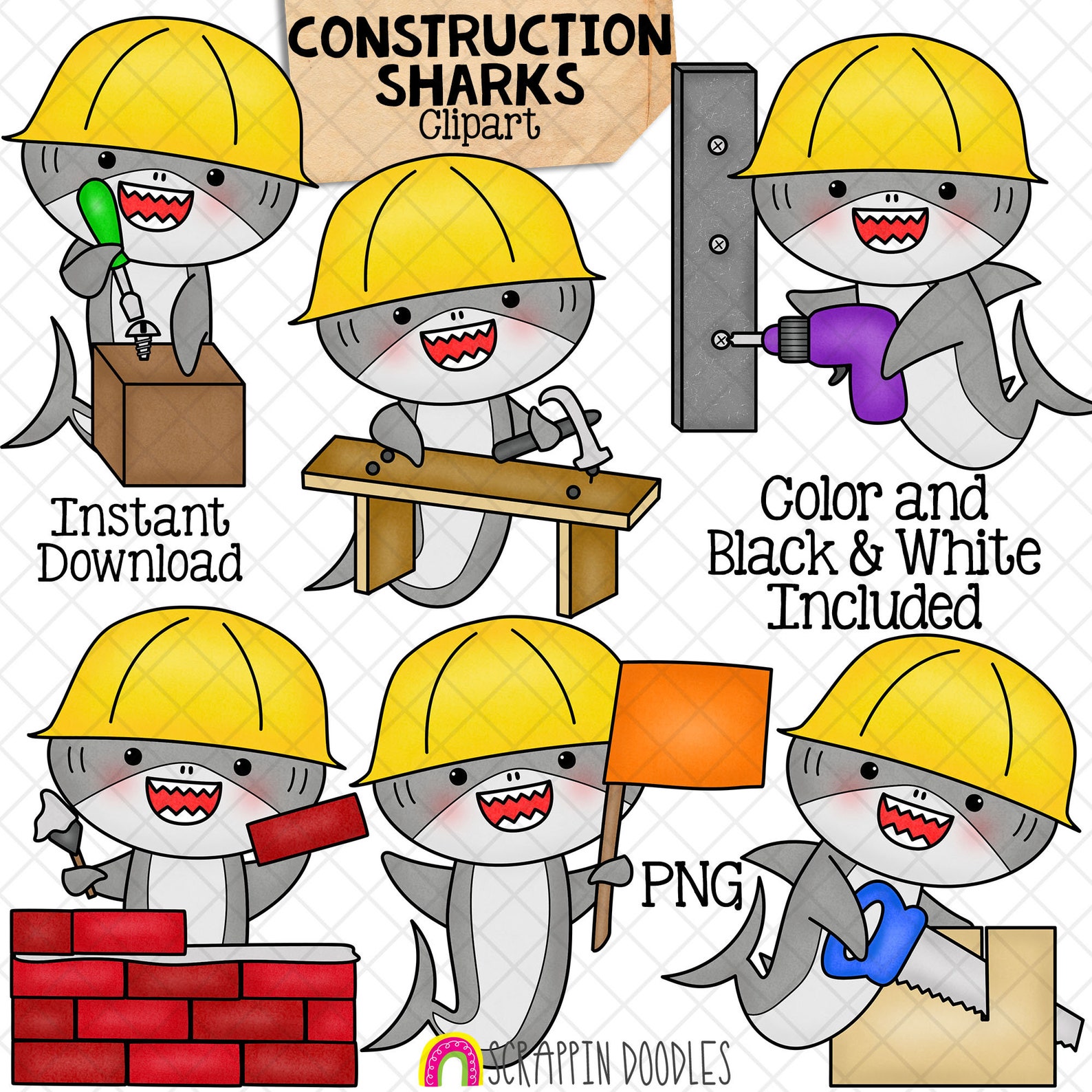 Construction Worker Sharks Clip Art Grey Sharks Laying Brick Hammering ...