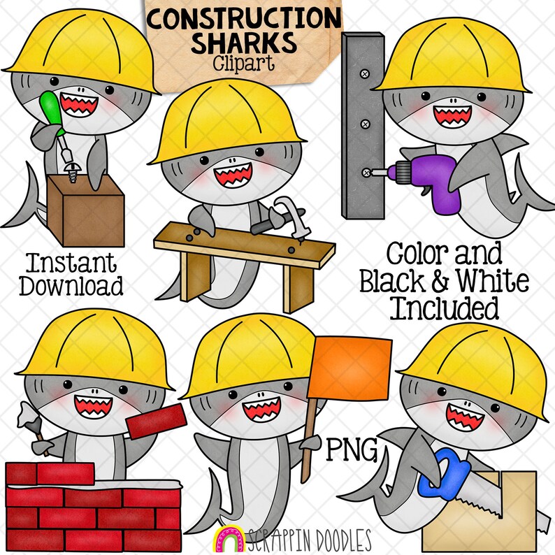 Construction Worker Sharks Clip Art Grey Sharks Laying Brick Hammering Sawing Drilling Clipart ...
