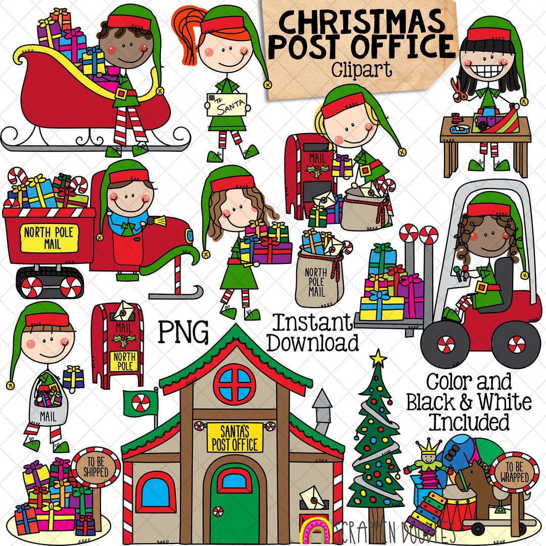 Christmas Post Office Clip Art - Santa's Delivery - Elves Wrapping ...