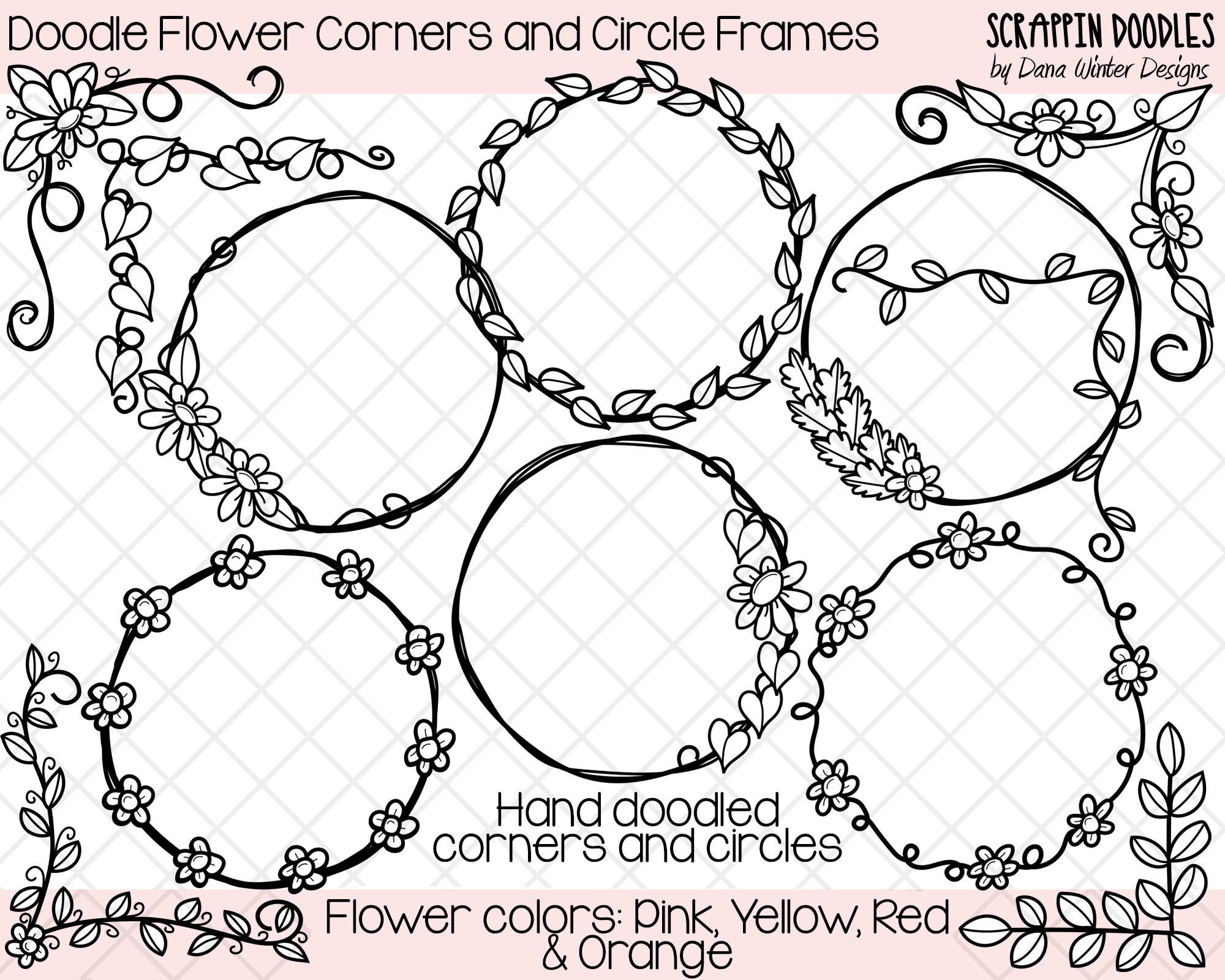 Doodle Flowers Clipart Hand Drawn Corners and Circle Doodles Nature ...